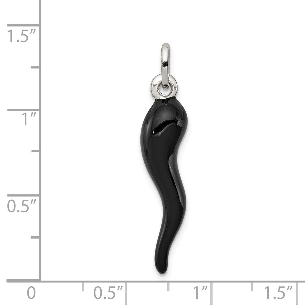 Sonia Jewels 925 Sterling Silver Black Enamel Cornicello Italian Horn Protection Pendant Charm - 33mm x 7mm