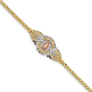 solid 14k yellow and white gold two tone virgin mary our lady of guadalupe bracelet - with secure lobster lock clasp