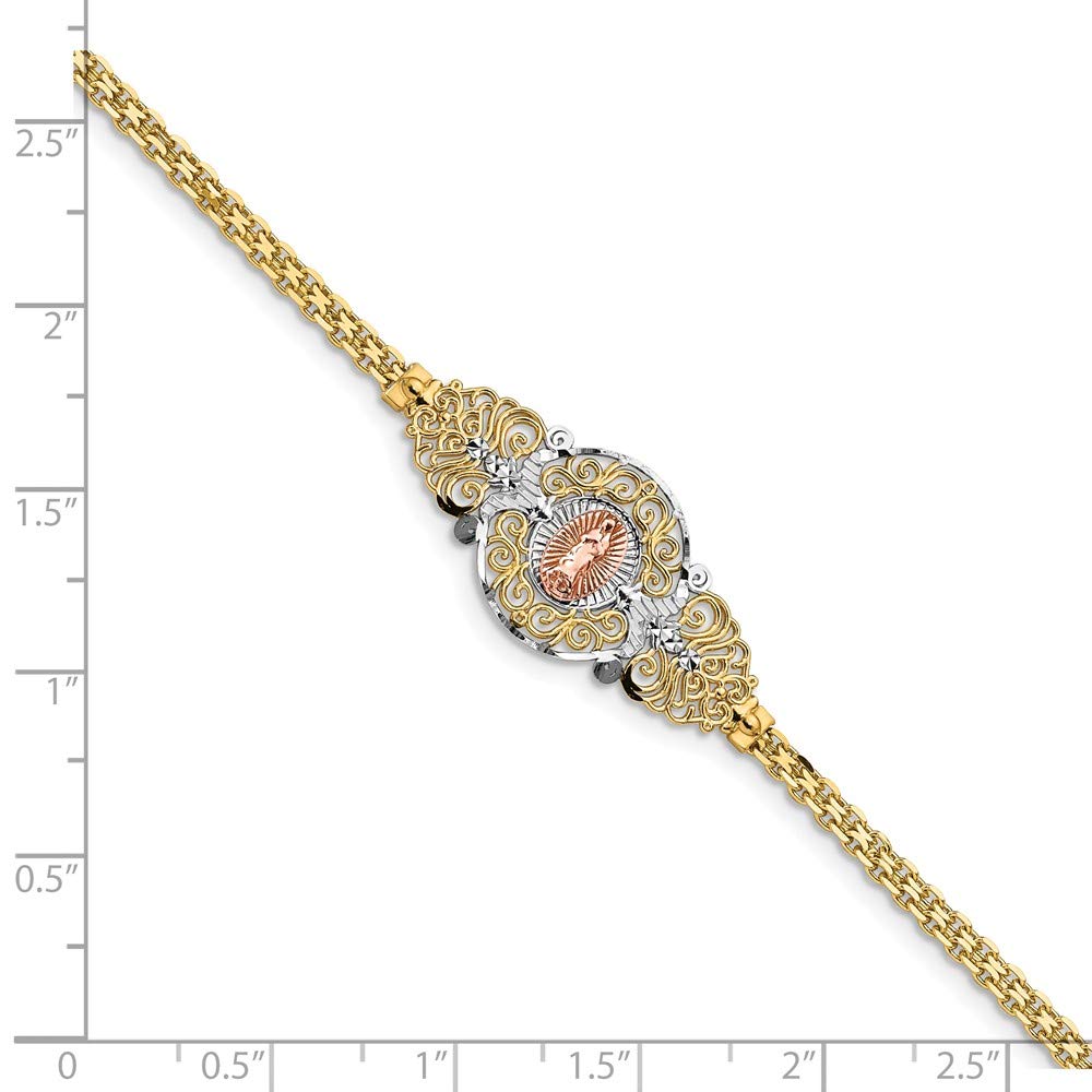 Solid 14k Yellow and White Gold Two Tone Virgin Mary Our Lady of Guadalupe Bracelet - with Secure Lobster Lock Clasp