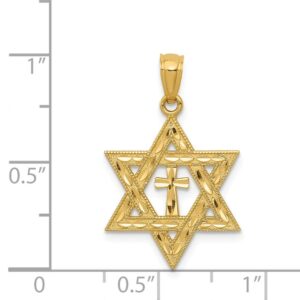 Solid 14k Yellow Gold Diamond-cut Star of David Lucky Jewish Cross Pendant Charm - 26mm x 16mm