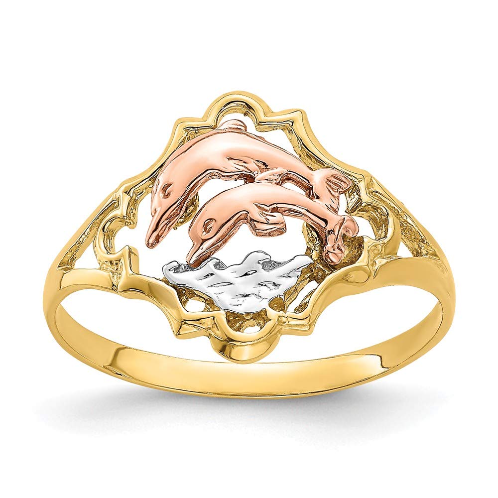 Solid 14k Yellow and Rose Gold Double Dolphin Ring Band Size 8