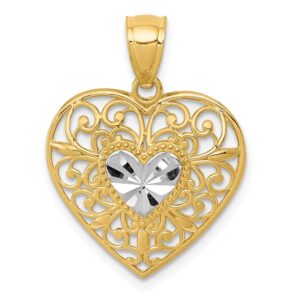 solid 14k yellow gold two toned diamond-cut filigree heart pendant charm - 24mm x 17mm