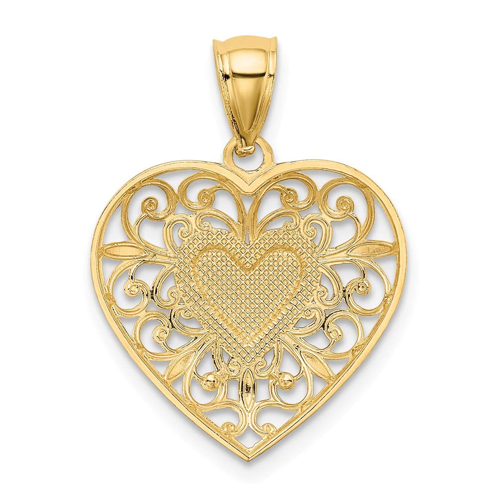 Solid 14k Yellow Gold Two Toned Diamond-Cut Filigree Heart Pendant Charm - 24mm x 17mm