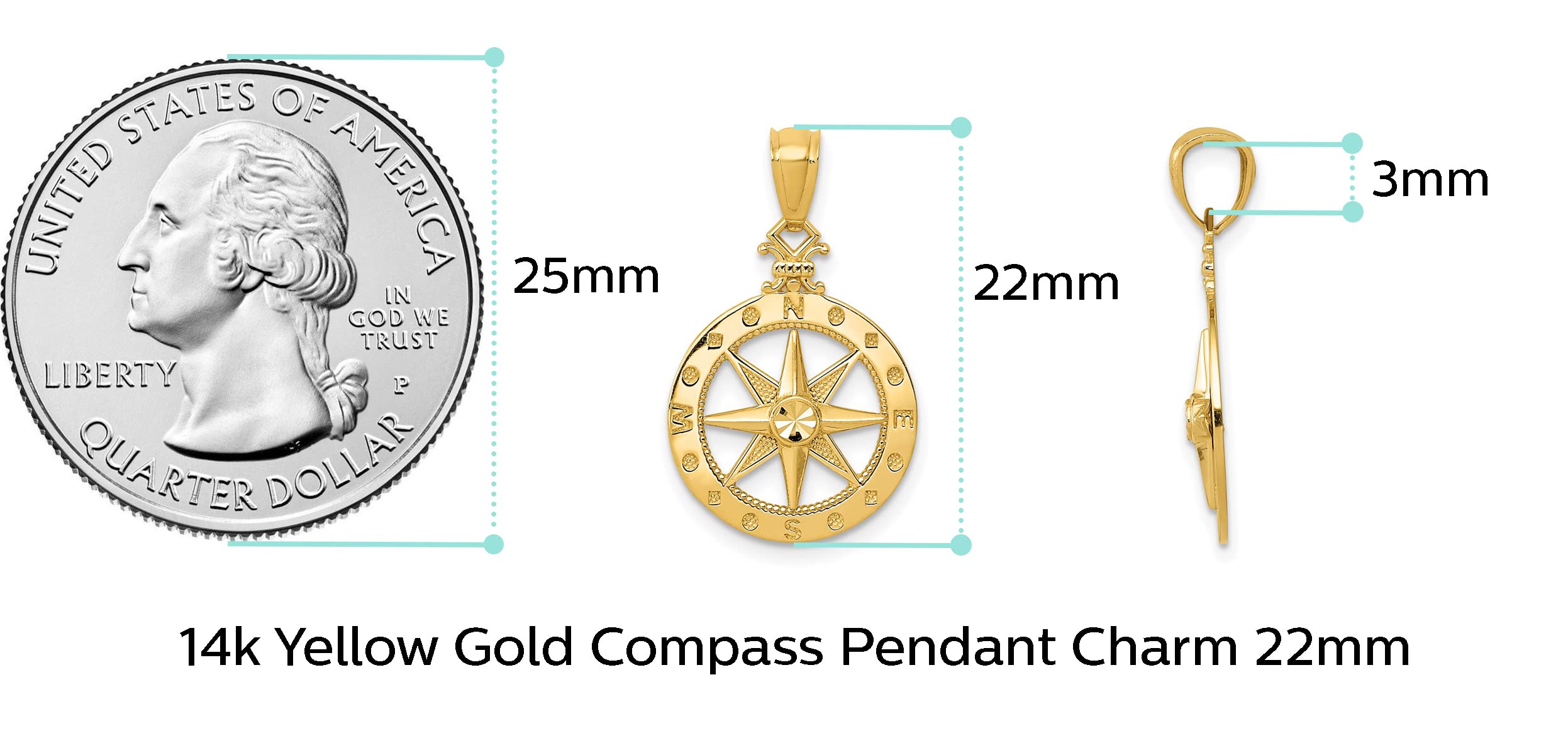 Solid 14k Yellow Gold Diamond-cut Compass Pendant Charm 22mm - Jewelry Gifts For Women Wife Mom Gifts For Men Husband Dad