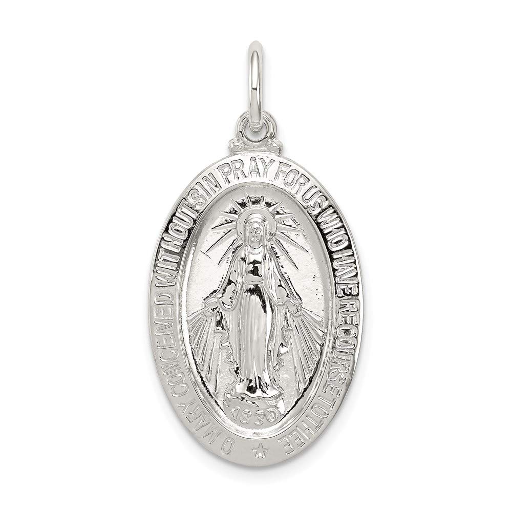 Solid 925 Sterling Silver Virgin Mary Pray for Us Charm Miracle Medal Mary Pendant Charm Medal - 30mm x 16mm