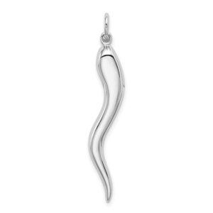 14k white gold solid 3-dimensional large cornicello italian horn protection charm pendant - 40mm x 5mm