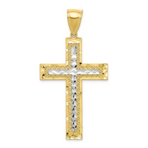 solid 10k yellow gold two toned diamond-cut cross pendant charm - 55mm x 28mm