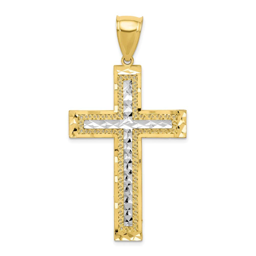 Solid 10k Yellow Gold Two Toned Diamond-Cut Cross Pendant Charm - 55mm x 28mm