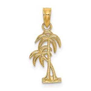 solid 14k yellow gold textured double palm tree charm pendant - 14mm x 9mm