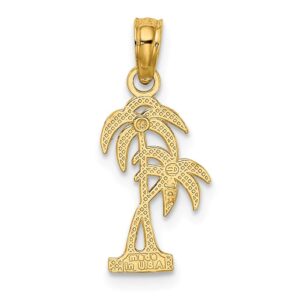 Solid 14k Yellow Gold Textured Double Palm Tree Charm Pendant - 14mm x 9mm