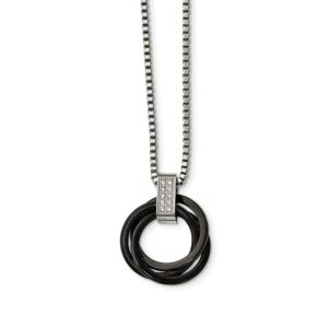 Solid Stainless Steel Multi Circle Black Ceramic CZ Cubic Zirconia Pendant Necklace Charm Chain 22"