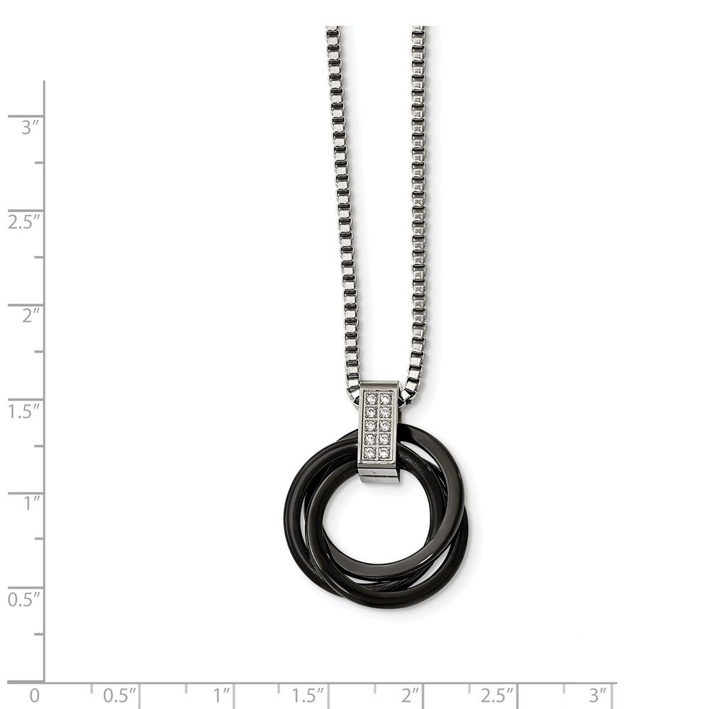 Solid Stainless Steel Multi Circle Black Ceramic CZ Cubic Zirconia Pendant Necklace Charm Chain 22"