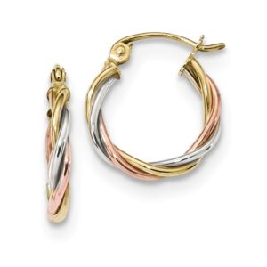 solid 10k yellow white and rose gold three color 2.5mm twisted hoop earrings - 16mm x 14mm