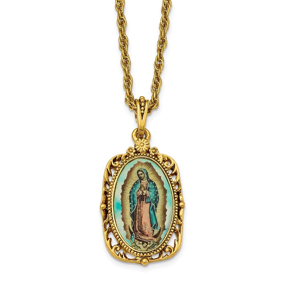 Solid Yellow Gold-tone Enameled Virgin Mary Our Lady of Guadalupe 24 inch Pendant Necklace Charm Chain - with Secure Lobster Lock Clasp 24" (Width = 25mm) - Jewelry Gifts For Women or Men