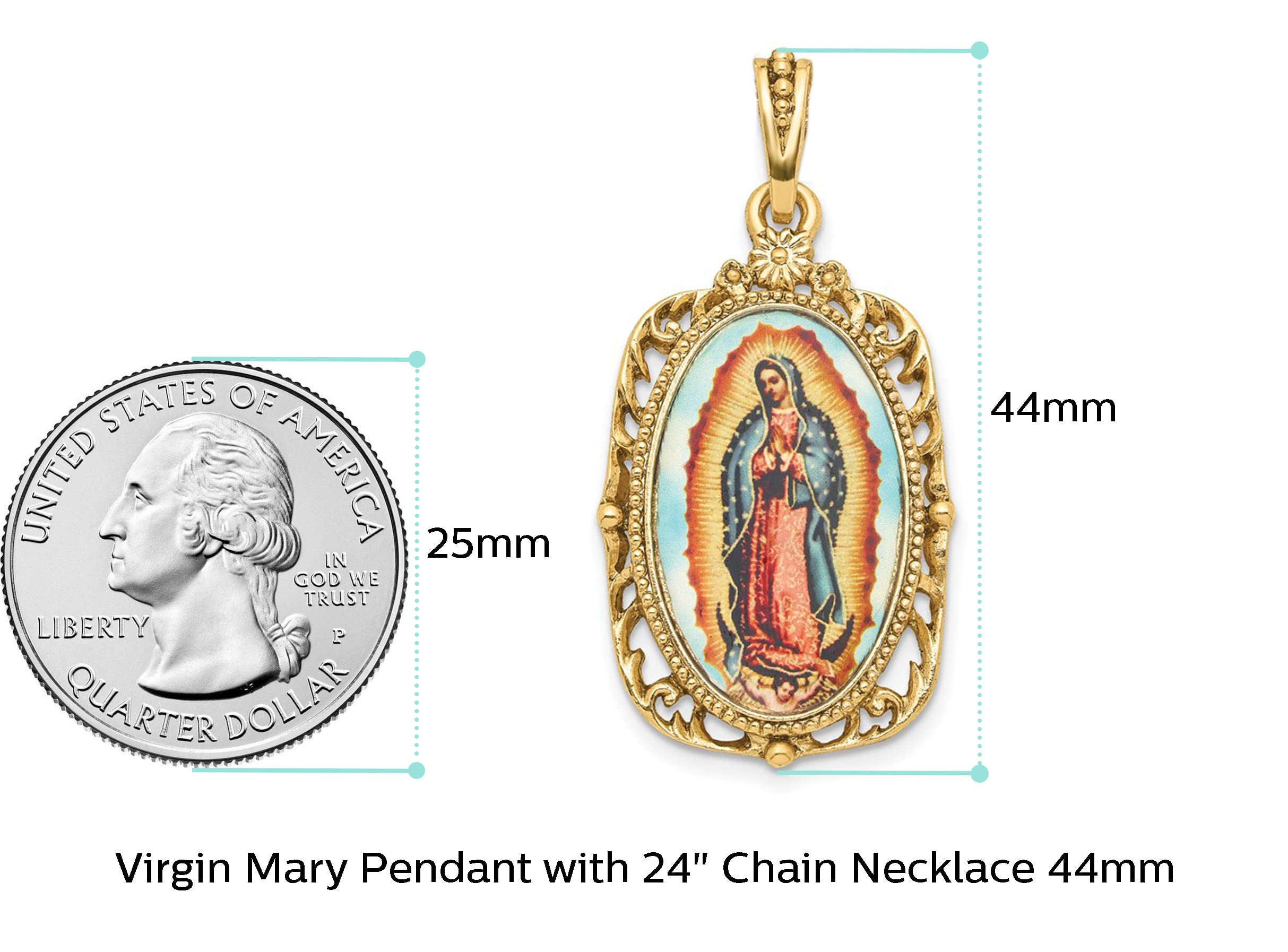 Solid Yellow Gold-tone Enameled Virgin Mary Our Lady of Guadalupe 24 inch Pendant Necklace Charm Chain - with Secure Lobster Lock Clasp 24" (Width = 25mm) - Jewelry Gifts For Women or Men