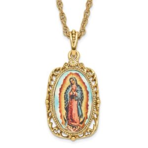 Solid Yellow Gold-tone Enameled Virgin Mary Our Lady of Guadalupe 24 inch Pendant Necklace Charm Chain - with Secure Lobster Lock Clasp 24" (Width = 25mm) - Jewelry Gifts For Women or Men