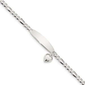 solid 925 sterling silver engravable identification name bar tag figaro id heart dangle bracelet - with secure lobster lock clasp 7.5" (width = 3mm)