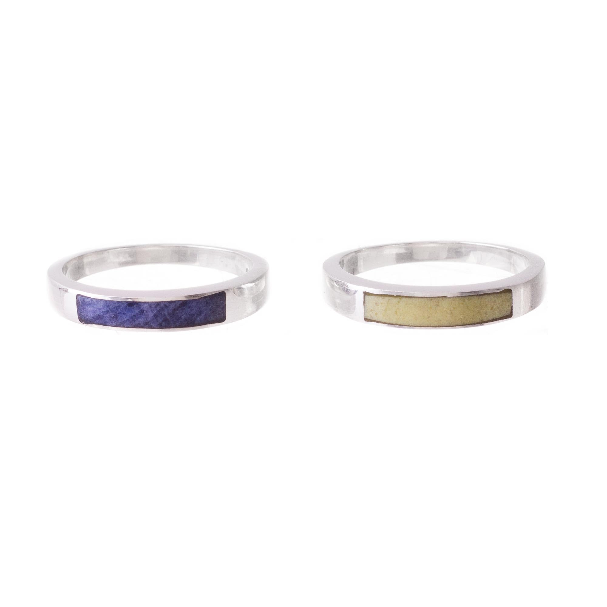 NOVICA Artisan handmade sodalite serpentine band rings pair sterling silver stacking peru gemstone [Ring front 4 mm W Band width 2 mm W] ' dual enchantment' pair