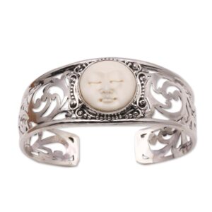 novica handmade .925 sterling silver bone cuff bracelet from bali indonesia [6.25 in l (end to end) x 0.8 in w] 'ocean soul'