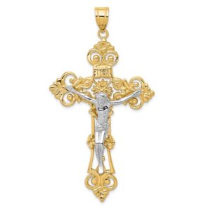 solid 14k yellow and white gold two tone inri fleur de lis cross pendant crucifix charm - 68mm x 36mm