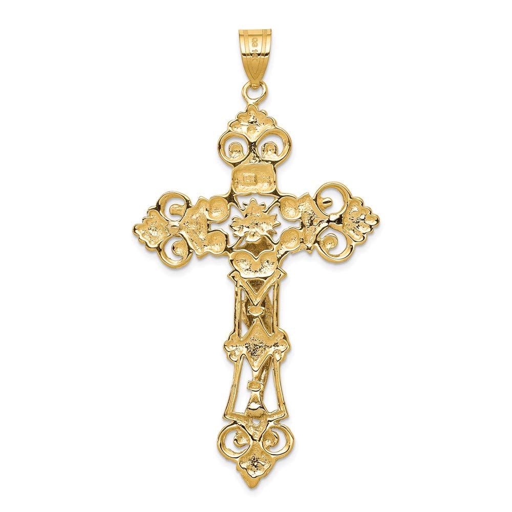 Solid 14k Yellow and White Gold Two Tone INRI Fleur De Lis Cross Pendant Crucifix Charm - 68mm x 36mm