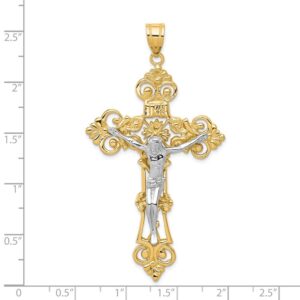 Solid 14k Yellow and White Gold Two Tone INRI Fleur De Lis Cross Pendant Crucifix Charm - 68mm x 36mm