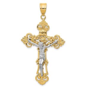 solid 14k yellow and white gold two tone inri fleur de lis cross pendant crucifix charm - 57mm x 31mm