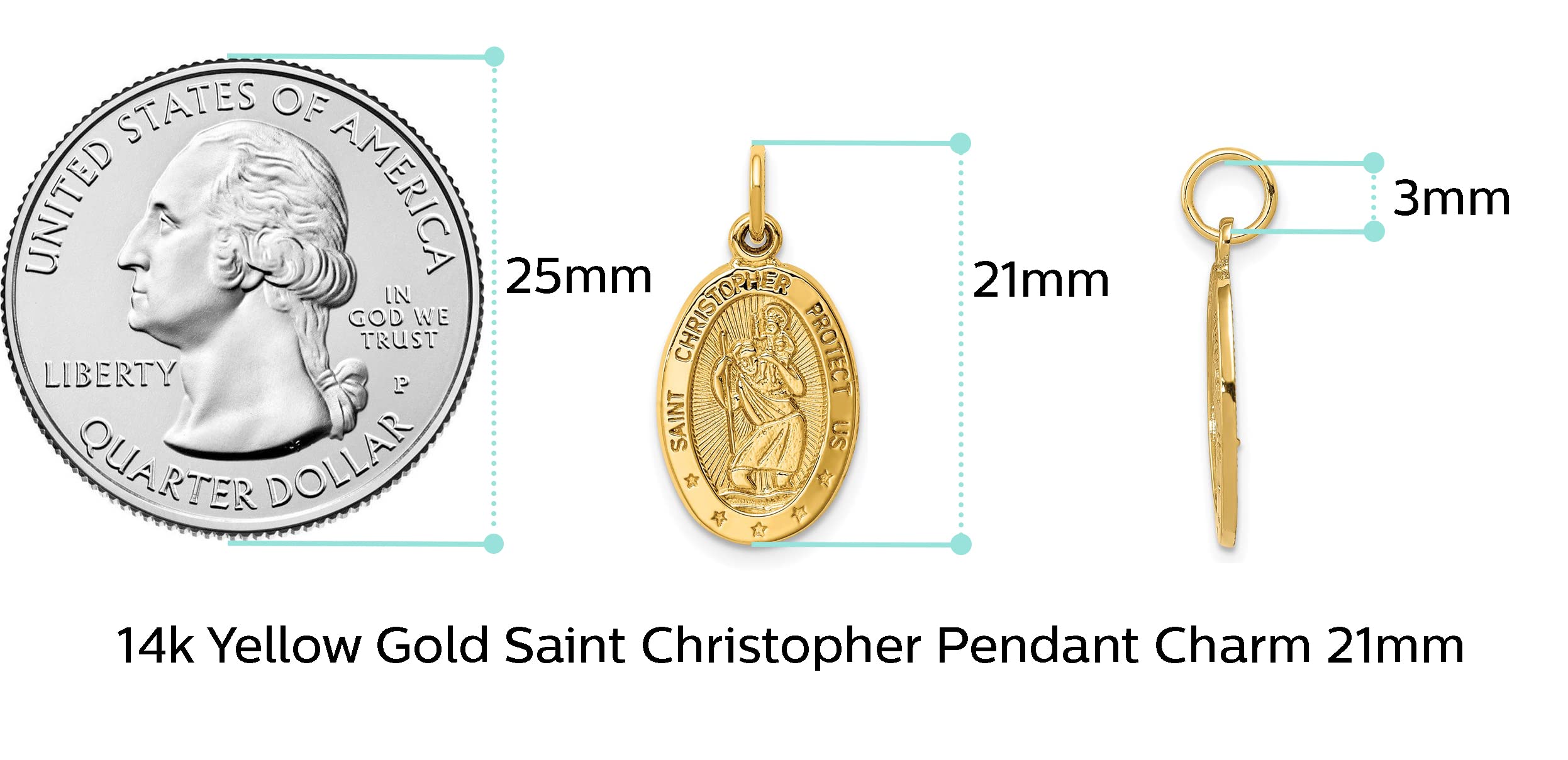 Solid 14k Yellow Gold Catholic Patron Saint Christopher Medal Oval Charm Small Pendant - 21mm x 11mm - Jewelry Gifts For Women Wife Mom Gifts For Men Husband Dad