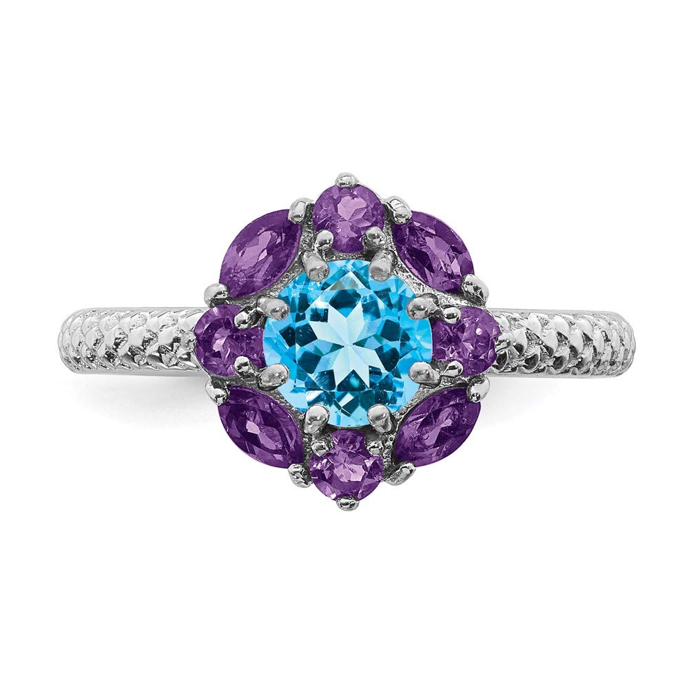 Solid 925 Sterling Silver Stackable Amethyst Purple February Gemstone and Blue Topaz Ring Eternity Band Size 10