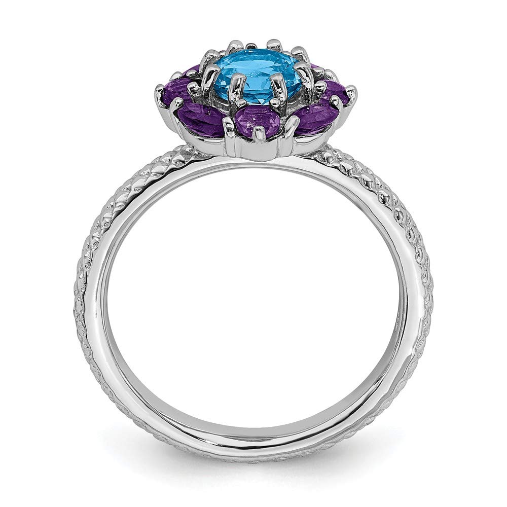 Solid 925 Sterling Silver Stackable Amethyst Purple February Gemstone and Blue Topaz Ring Eternity Band Size 10