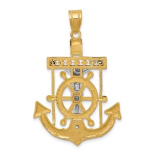 Solid 14k Yellow and White Gold Two Tone Diamond-cut Anchor Mariner's Cross Pendant Charm - 43mm x 27mm