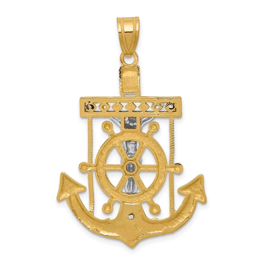 Solid 14k Yellow and White Gold Two Tone Diamond-cut Anchor Mariner's Cross Pendant Charm - 43mm x 27mm