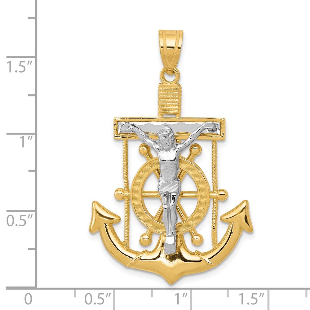 Solid 14k Yellow and White Gold Two Tone Diamond-cut Anchor Mariner's Cross Pendant Charm - 43mm x 27mm