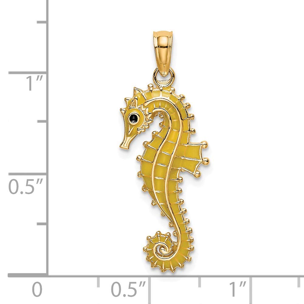 Solid 14k Yellow Gold 3-D Enamel Seahorse Charm Pendant - 21mm x 10mm