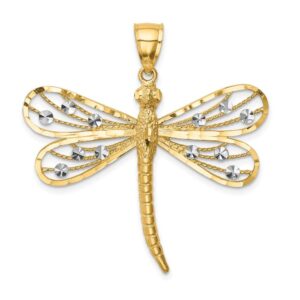 solid 14k white and yellow gold two toned diamond-cut dragonfly pendant charm