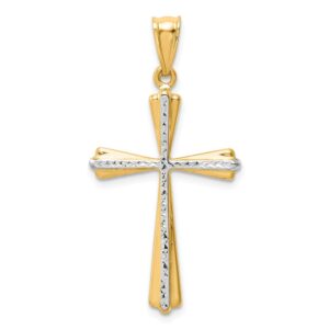 14k yellow and white gold two tone diamond-cut cross pendant charm - 30mm x 19mm