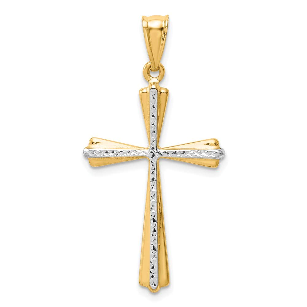 14k Yellow and White Gold Two Tone Diamond-Cut Cross Pendant Charm - 30mm x 19mm