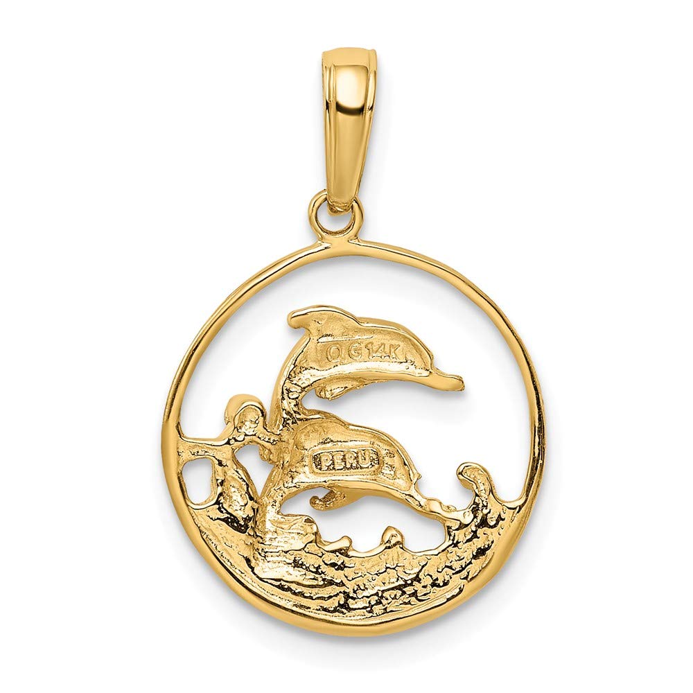 Solid 14k Yellow Gold Double Dolphin Circle Pendant Charm - 22mm x 15mm