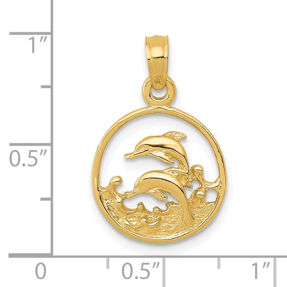 Solid 14k Yellow Gold Double Dolphin Circle Pendant Charm - 22mm x 15mm