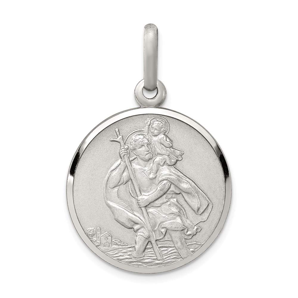 Solid 925 Sterling Silver Catholic Patron Saint Christopher Pendant Charm Round Medal - 35mm x 25mm