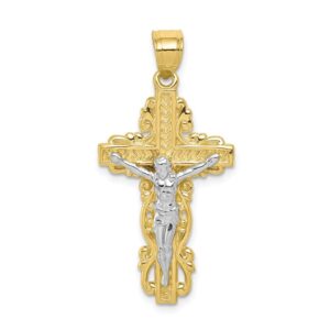 solid 10k yellow gold two toned cross pendant crucifix charm - 35mm x 16mm