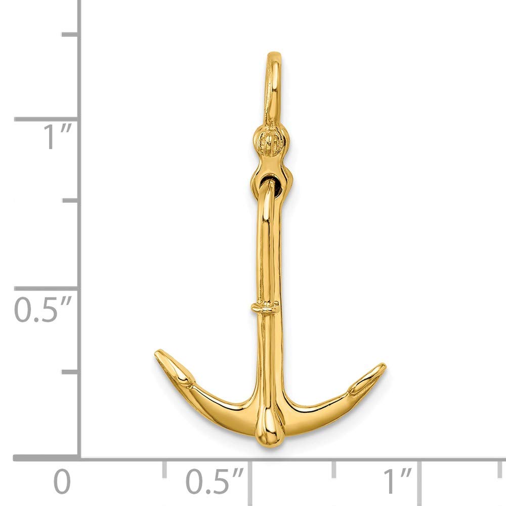 Solid 14k Yellow Gold 3-D Anchor 2 Piece and Moveable Charm Pendant - 37mm x 17mm