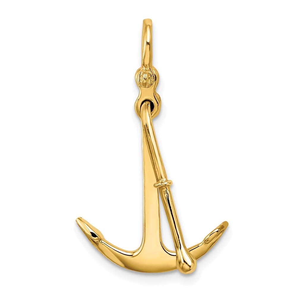 Solid 14k Yellow Gold 3-D Anchor 2 Piece and Moveable Charm Pendant - 37mm x 17mm