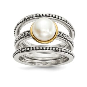 solid 925 sterling silver stackable 14k yellow gold stackable vintage antiqued 8mm button freshwater cultured pearl set of 3 engagement rings size 7