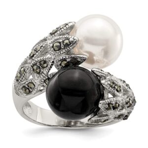 solid 925 sterling silver marcasite black and white plastic imitation pearl ring band size 7