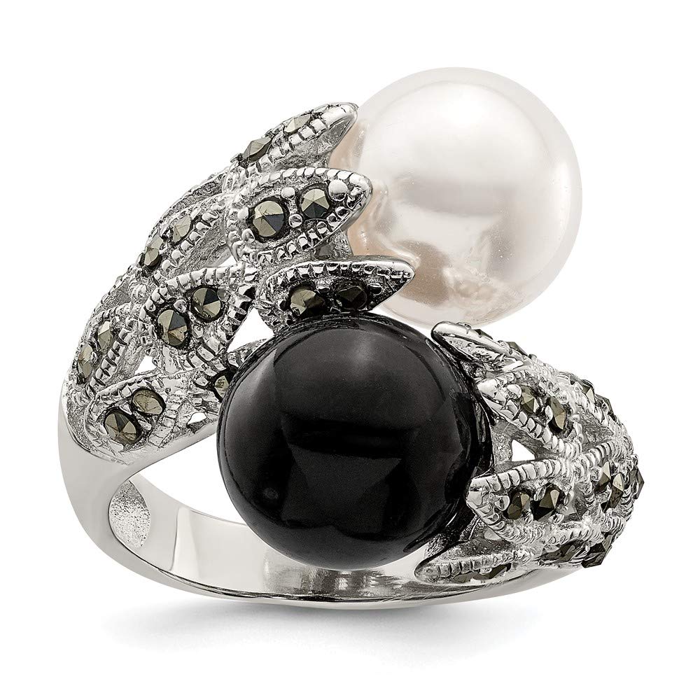 Solid 925 Sterling Silver Marcasite Black and White Plastic Imitation Pearl Ring Band Size 7