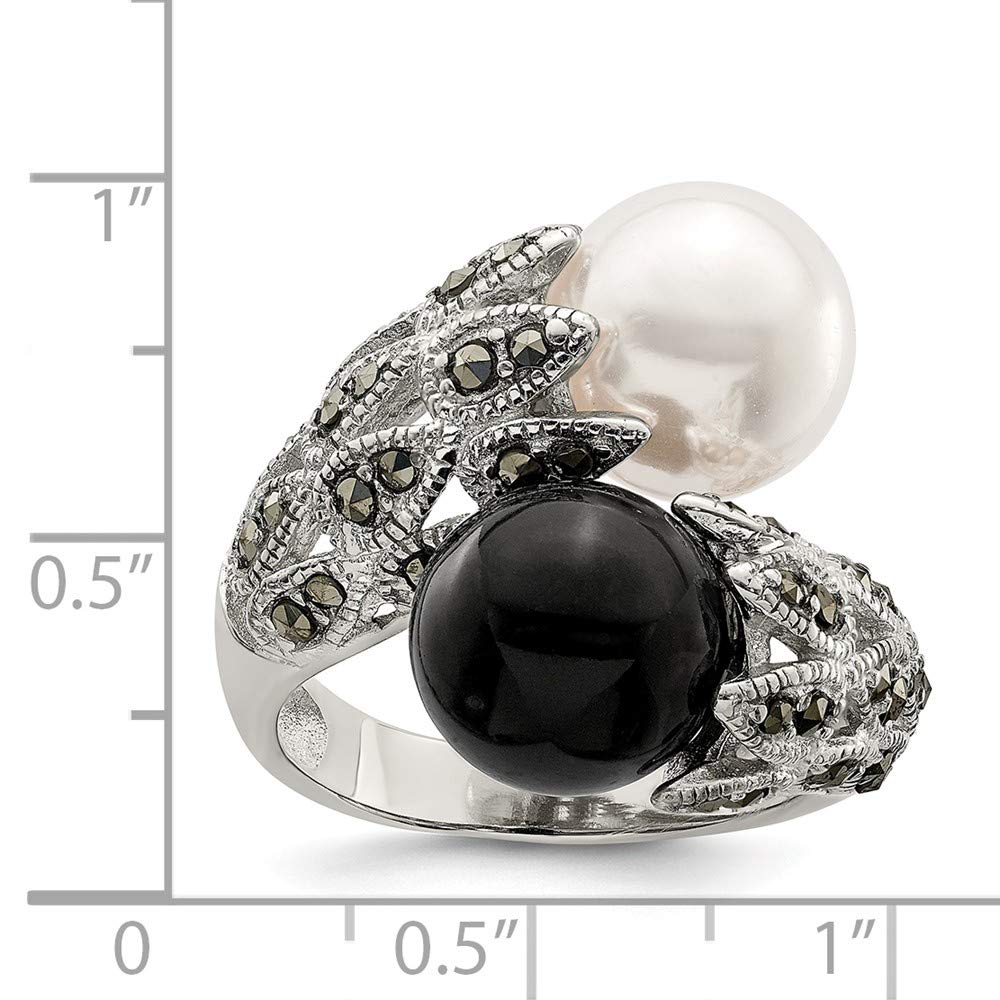 Solid 925 Sterling Silver Marcasite Black and White Plastic Imitation Pearl Ring Band Size 7