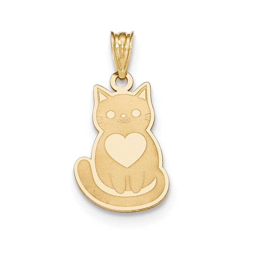 Solid 14k Yellow Gold Laser Cut Cat with Heart Charm Pendant