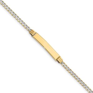 solid 14k white and yellow gold two toned pave curb cuban id bracelet engravable identification name bar tag - with secure lobster lock clasp 8" (width = 5mm)