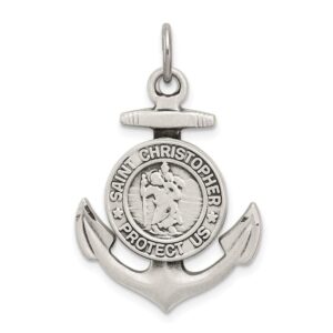 solid 925 sterling silver vintage antiqued st saint christopher anchor medal brushed matte finish pendant charm - 33mm x 20mm